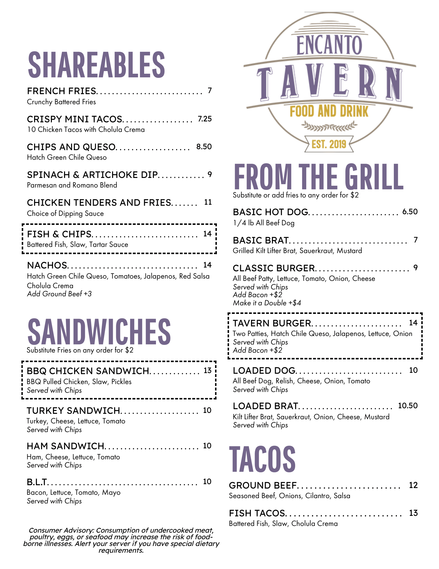 Menu - Encanto Tavern
